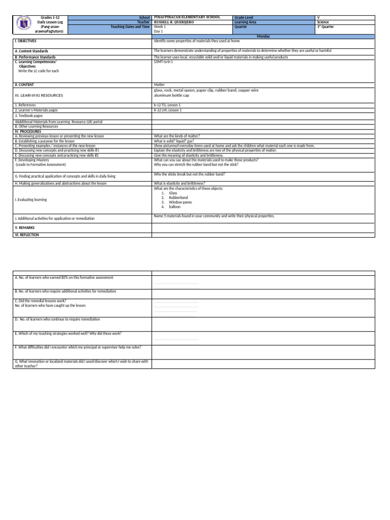 Grade 5 DLL SCIENCE 5 Q1 Week 1 | PDF | Learning | Teachers