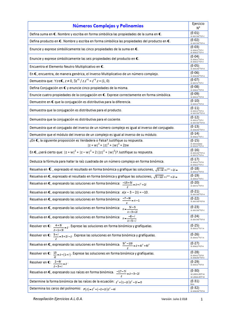 [1C-2018] Recopilación Ejercicios Propuestos 2do Parcial 01 | PDF | Matriz (Matemáticas ...