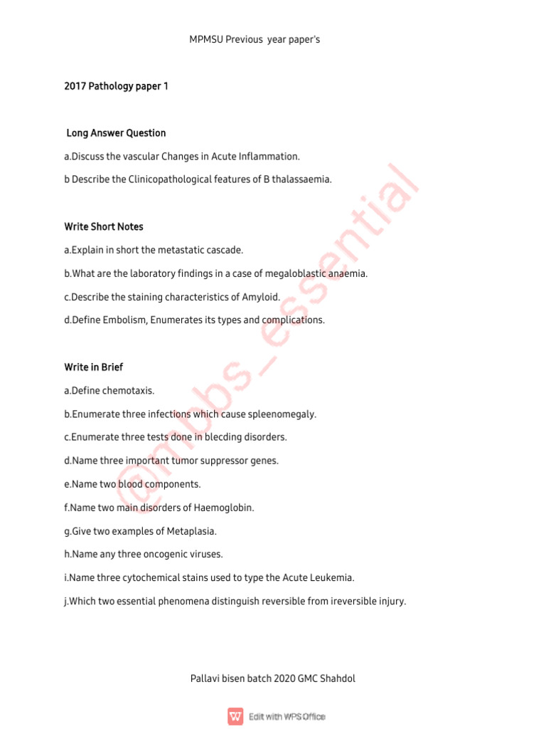 PYQ patho MPMSU | PDF | Inflammation | Anemia