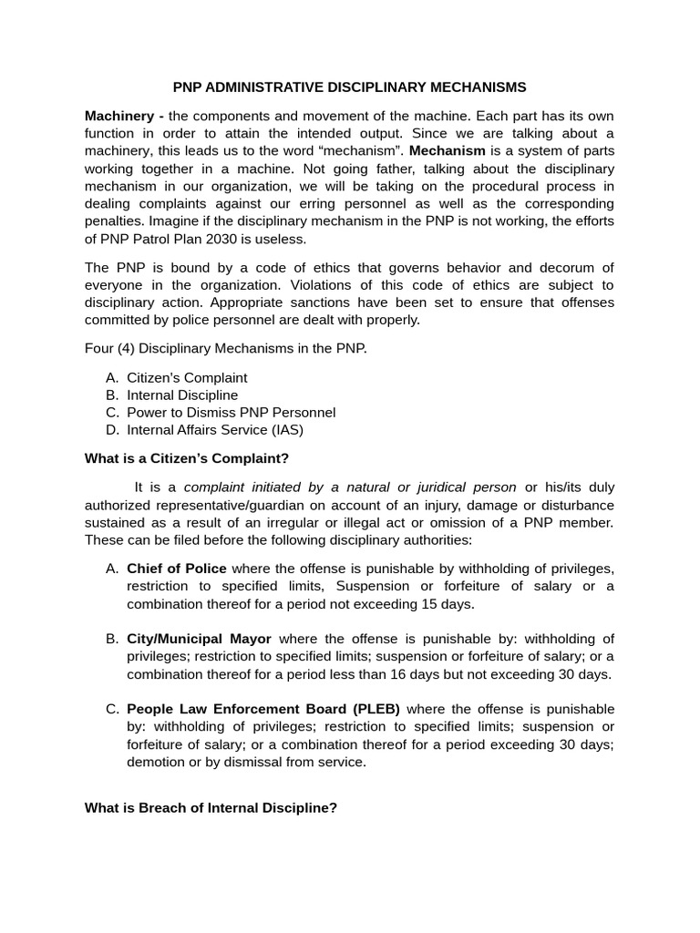 Handout in PNP Administrative Disciplinary Mechanisms | PDF | Arrest ...