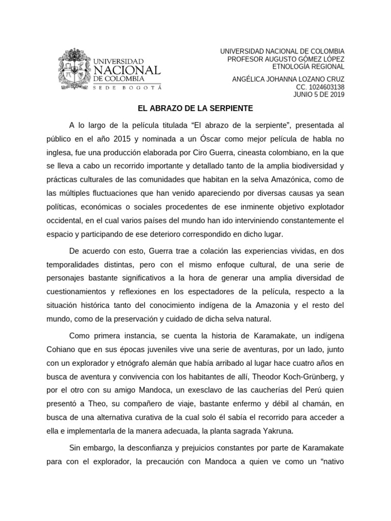 El Abrazo de La Serpiente Reseã - A | PDF