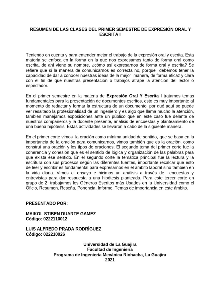 Resumen de Las Clases de Expresión Oral y Escrita | PDF