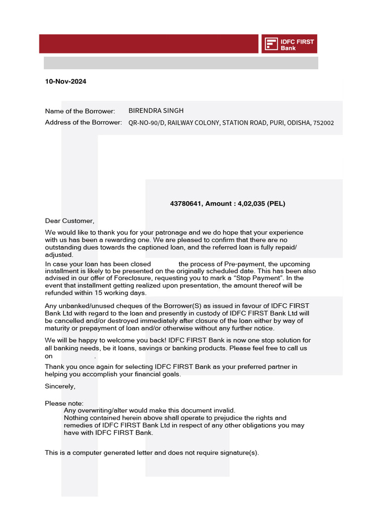 Idfc Birendra Singh Noc | PDF