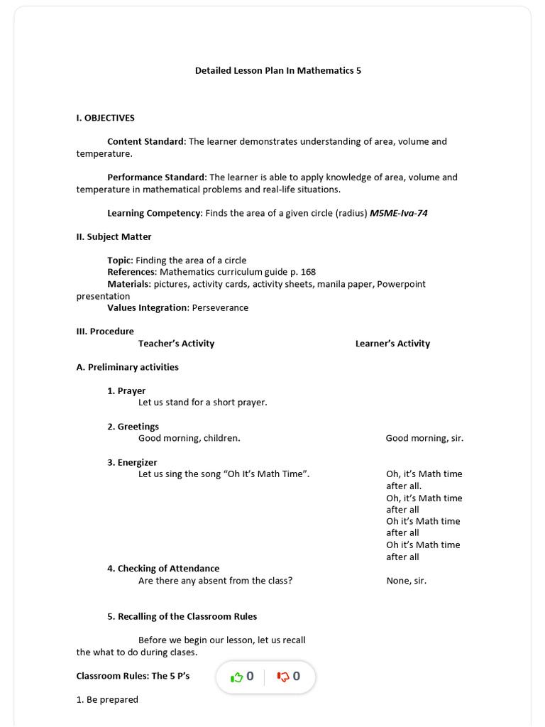 Area of A Circle LP Lesson Plan Math 2 Compress | PDF | Area | Mathematics
