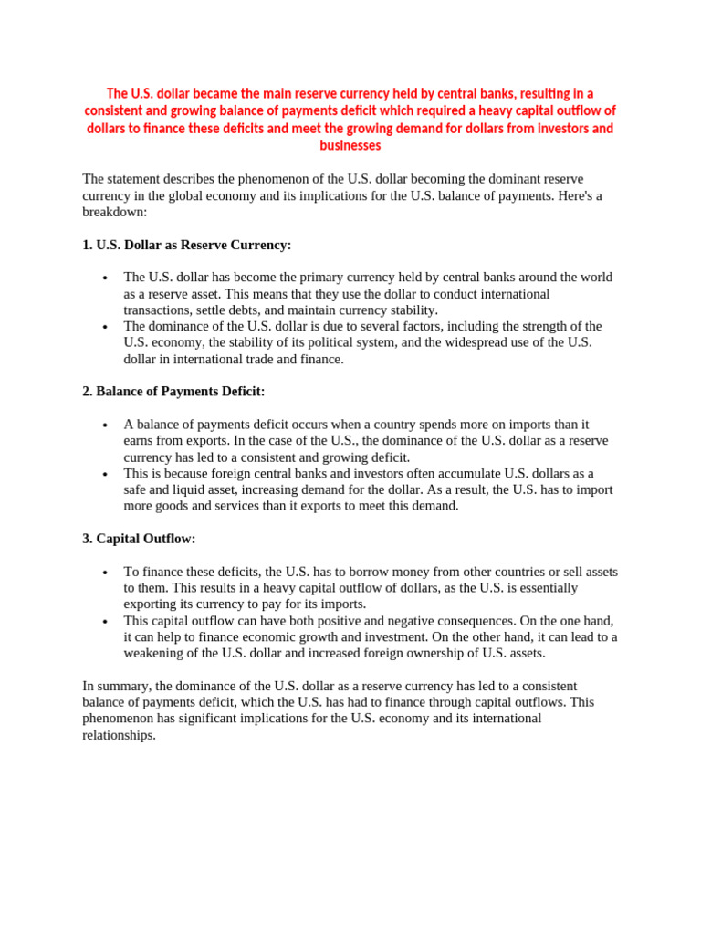 The U.S. Dollar Became The Main Reserve Currency | PDF