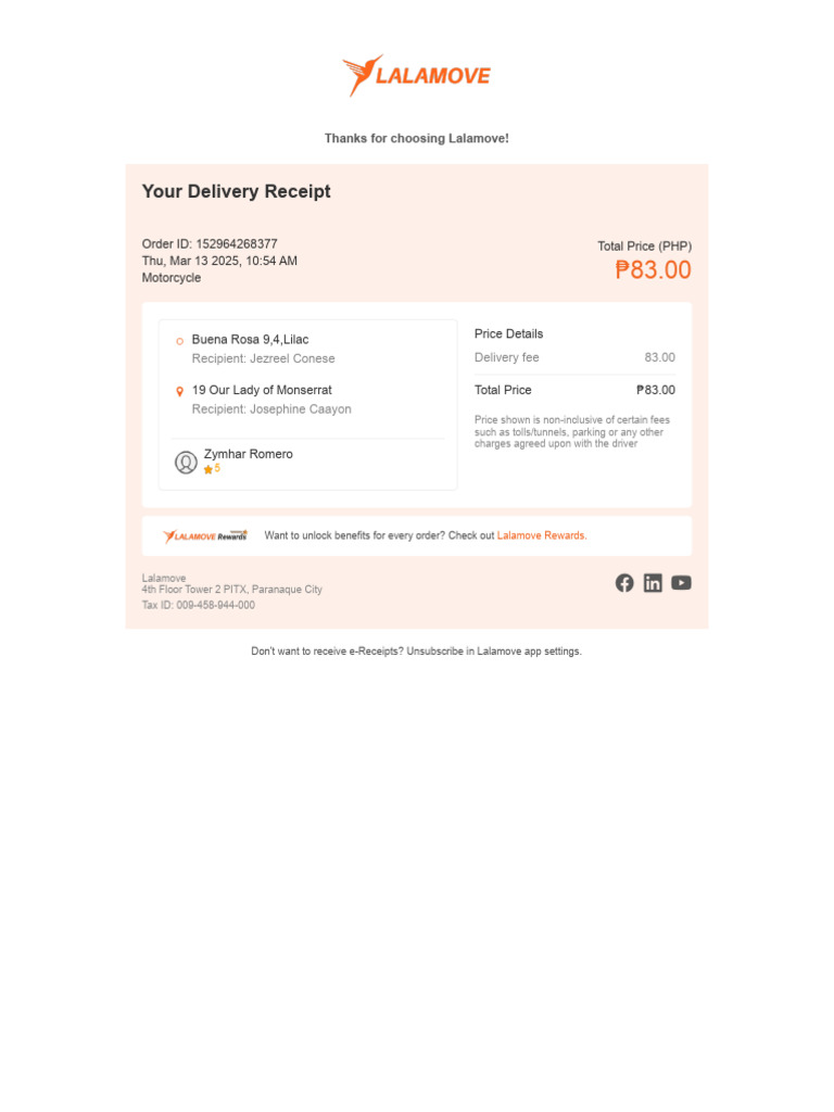 Lalamove Delivery Receipt and Rewards | PDF
