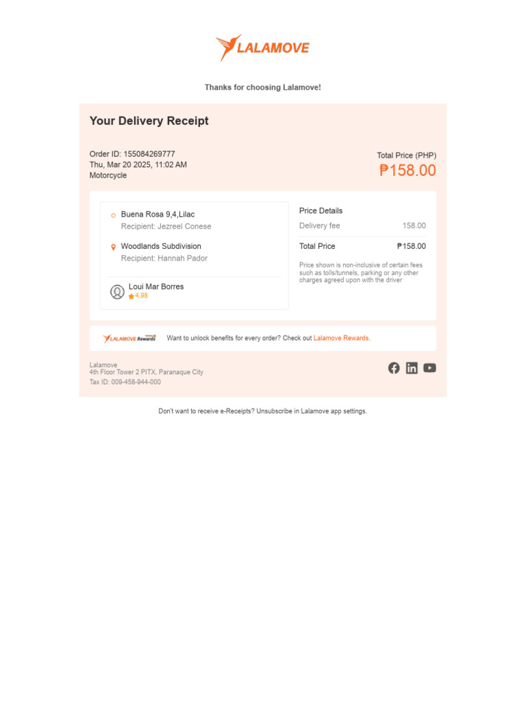 Lalamove Delivery Receipt and Rewards | PDF