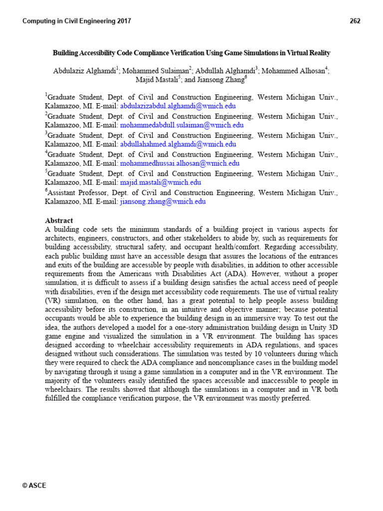 Building Accessibility Code Compliance Verification Using Game Simulations in Virtual Reality ...