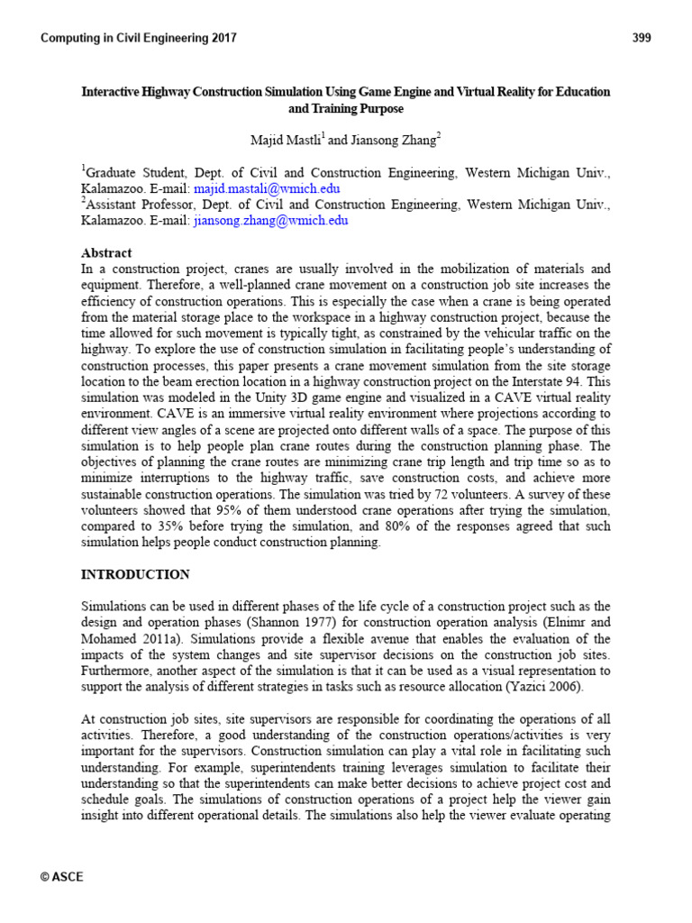 Interactive Highway Construction Simulation Using Game Engine and Virtual Reality For Education ...
