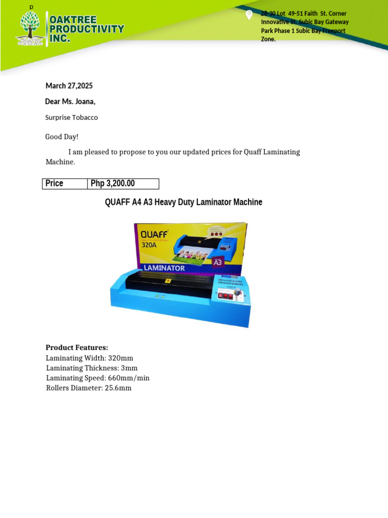 Quaff Laminating Machine Pricing Proposal | PDF | Secondary Sector Of ...