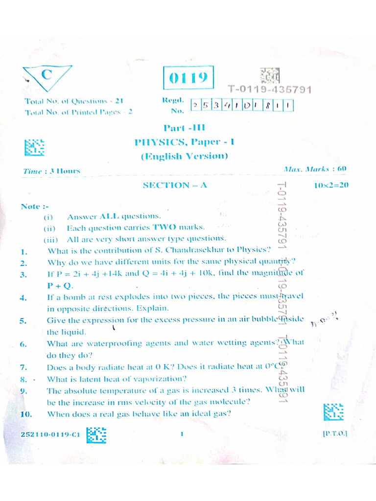 Physics - 1 Question Paper (Ts 2025) | PDF