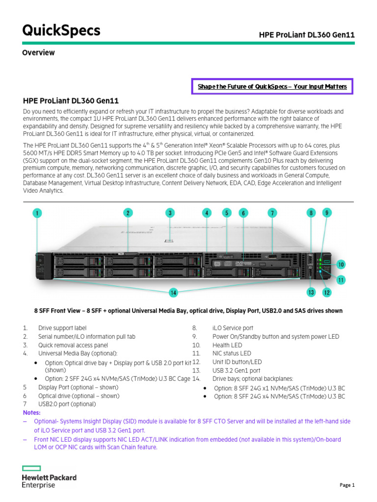 HPE ProLiant DL360 Gen11-A50004306enw | PDF | Computing | Computer Science