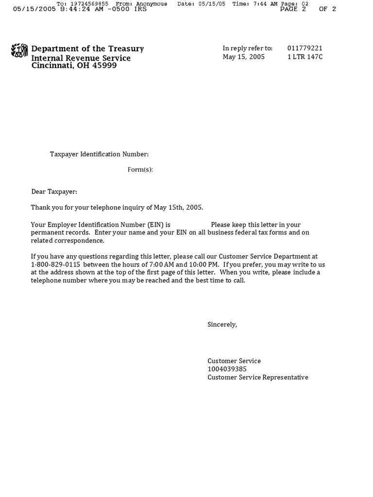 IRS Letter for EIN Confirmation | PDF
