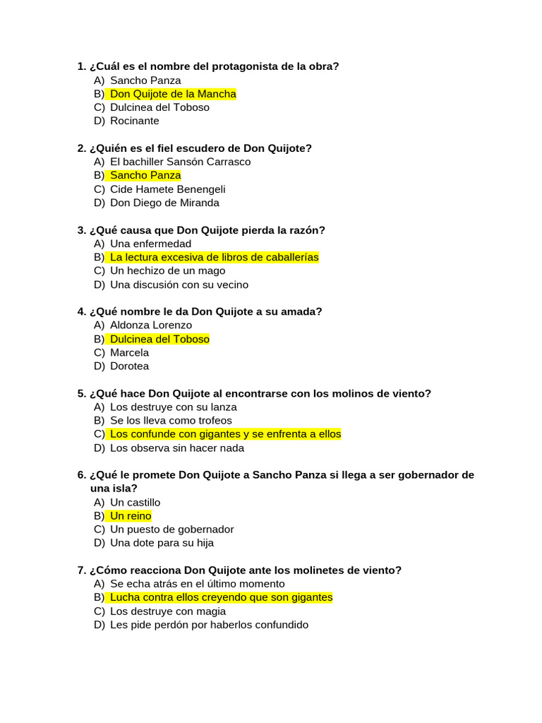 Preguntas sobre Don Quijote de la Mancha | PDF | Don Quijote