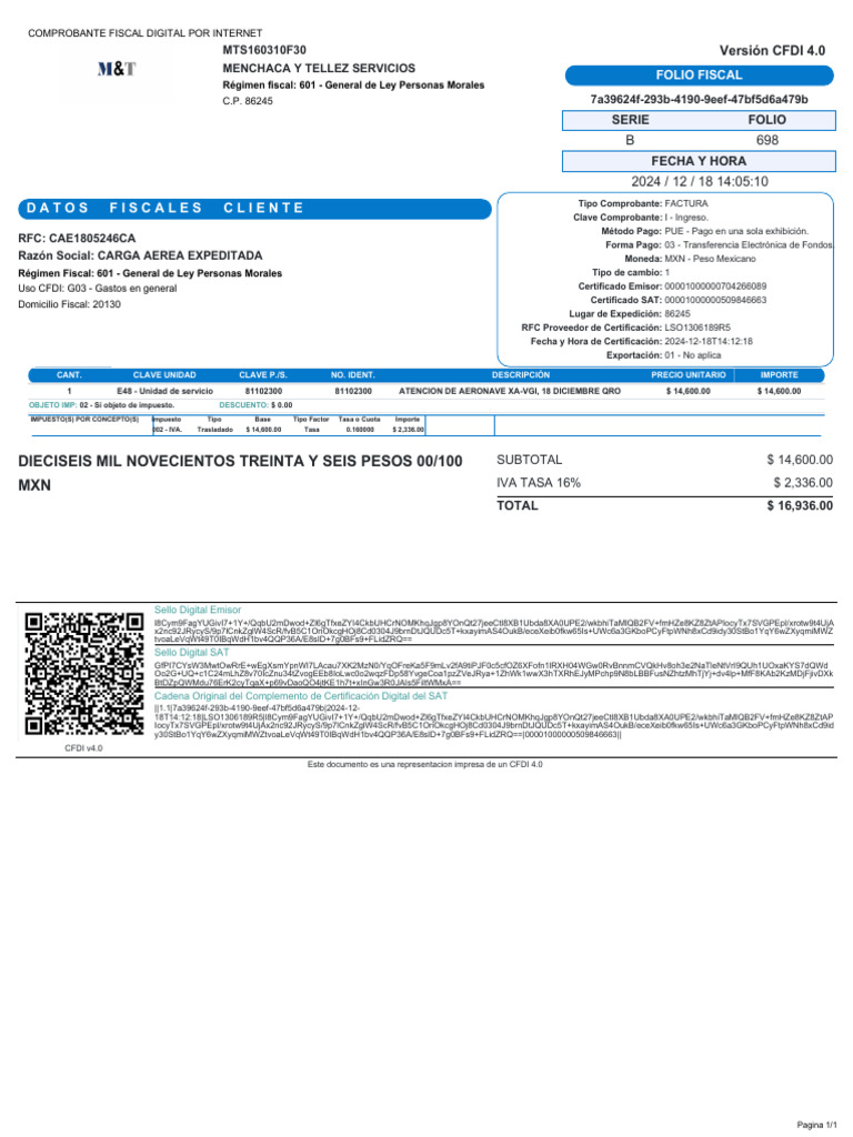 Datos Fiscales Cliente: Dieciseis Mil Novecientos Treinta Y Seis Pesos ...