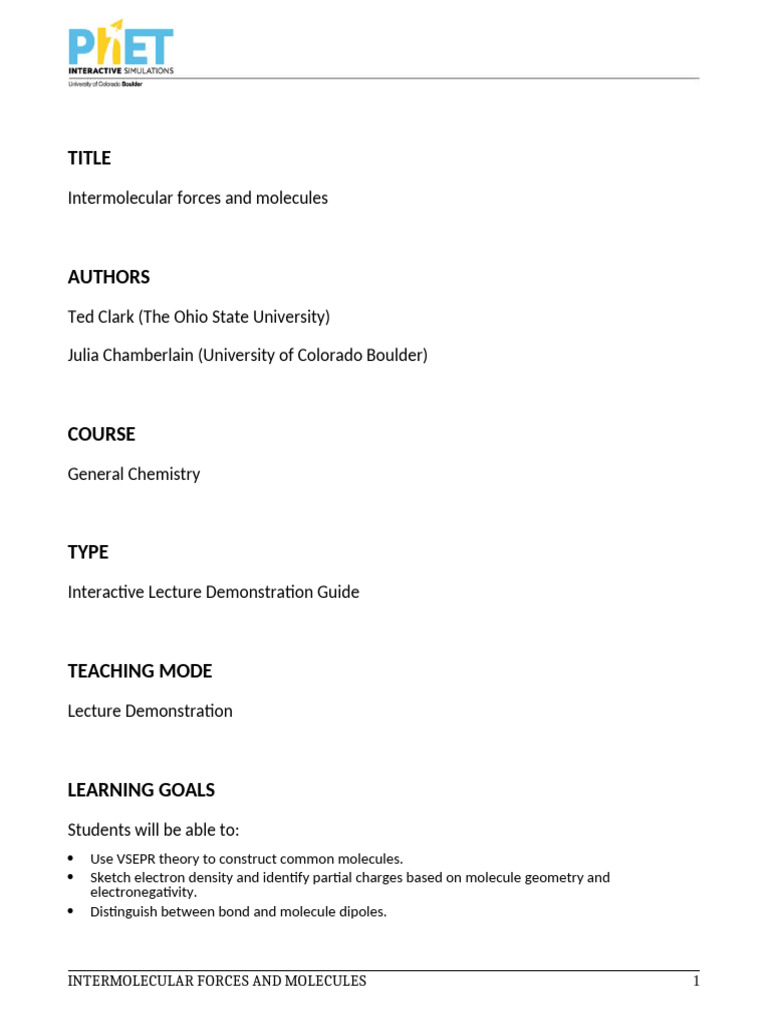 Intermolecular Forces and Molecules-Lecture Demo Guide | PDF | Intermolecular Force | Chemical ...