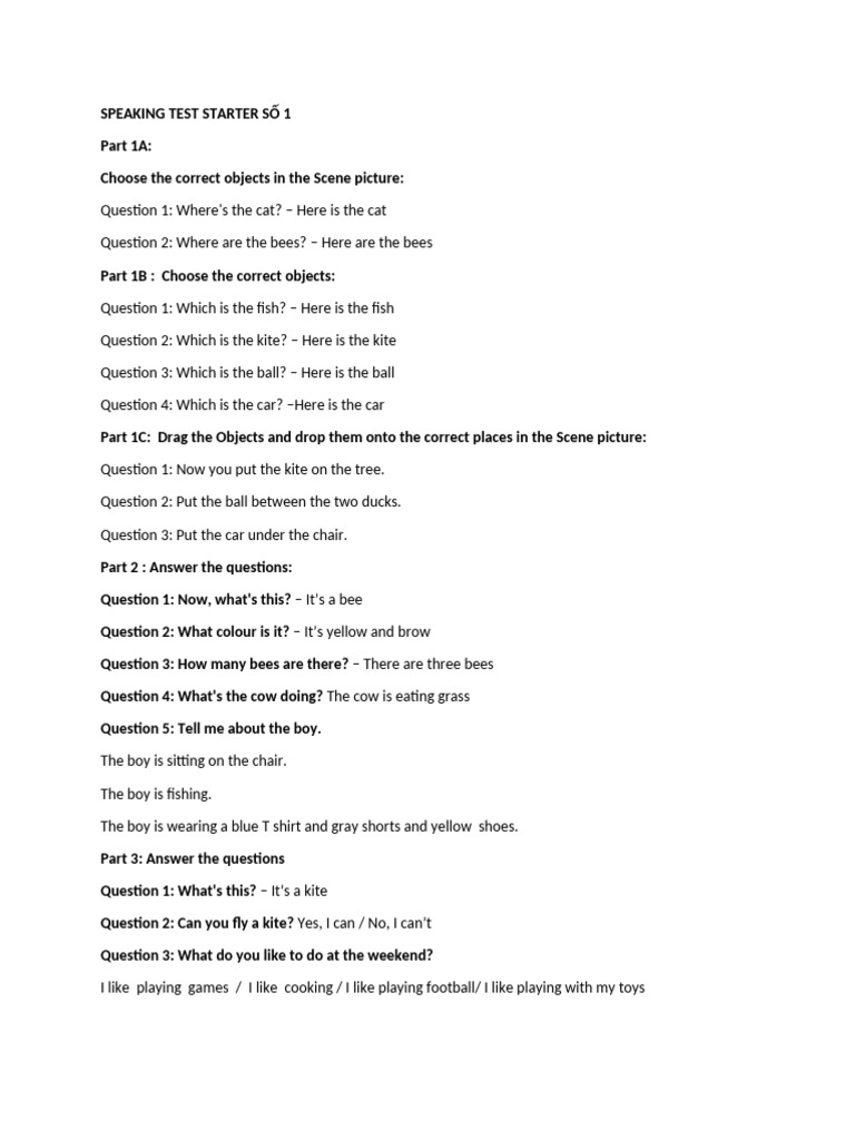 SPEAKING TEST STARTER SỐ 1- BẢN CUỐI | PDF