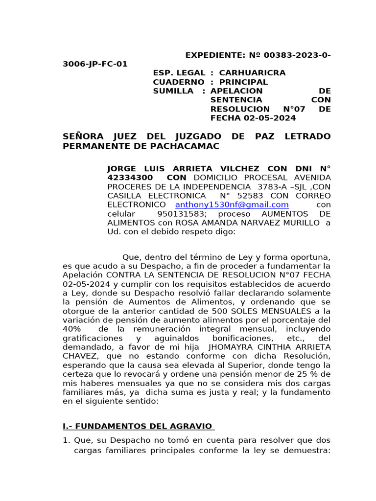 APELACION DE SENTENCIA - Aumlimentos-Jorgearrieta | PDF | Apelación | Esfera pública