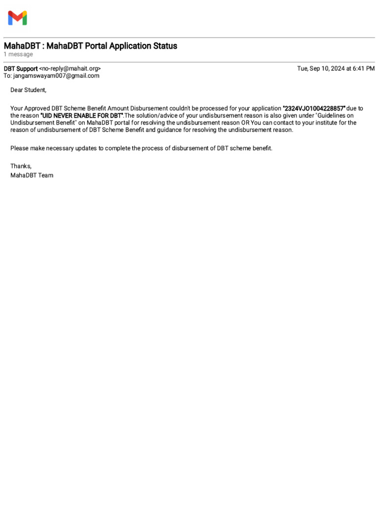 Gmail - MahaDBT - MahaDBT Portal Application Status | PDF