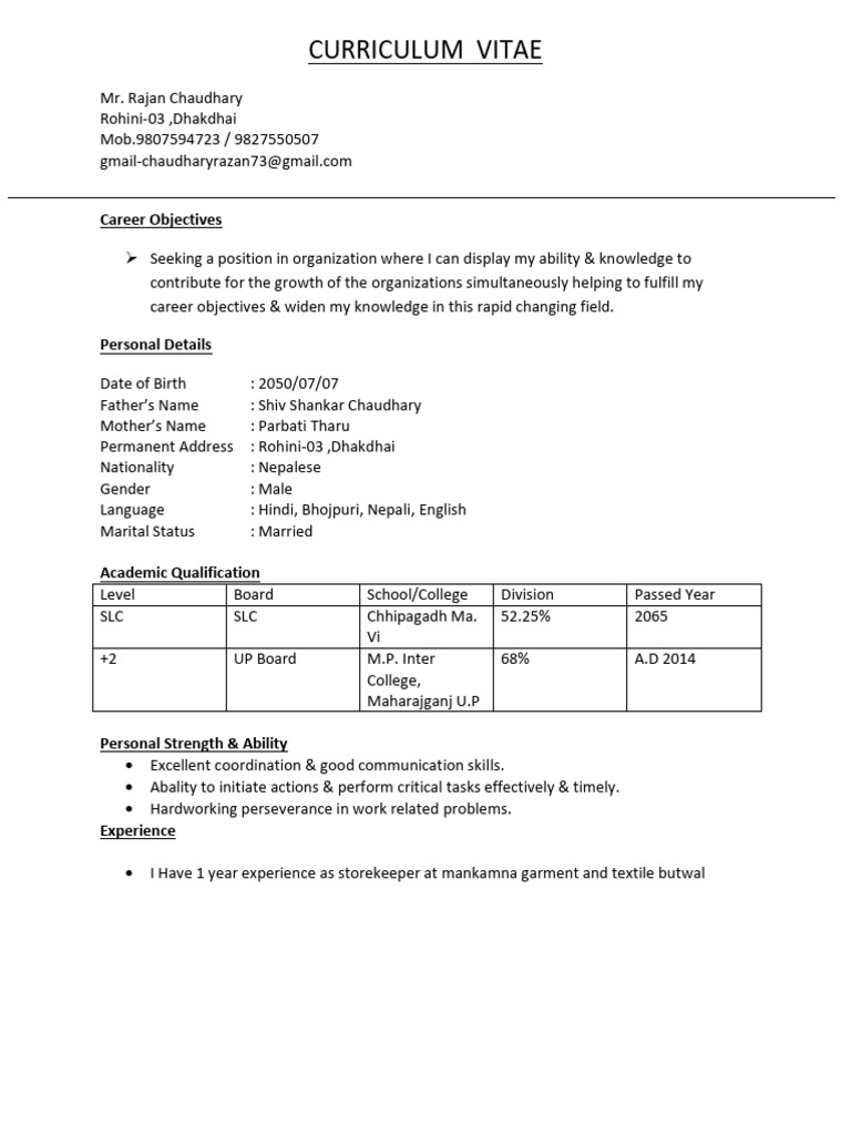 Curriculum Vitae Rajan Chy | PDF