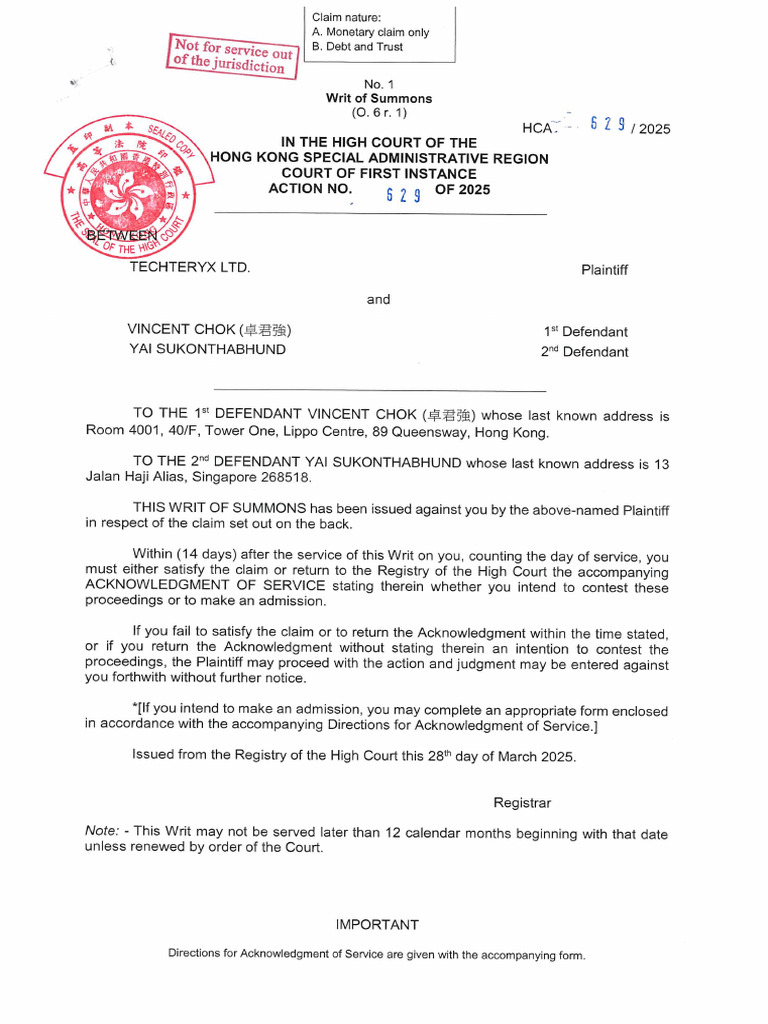 20250328 - Writ of Summons (629) | PDF