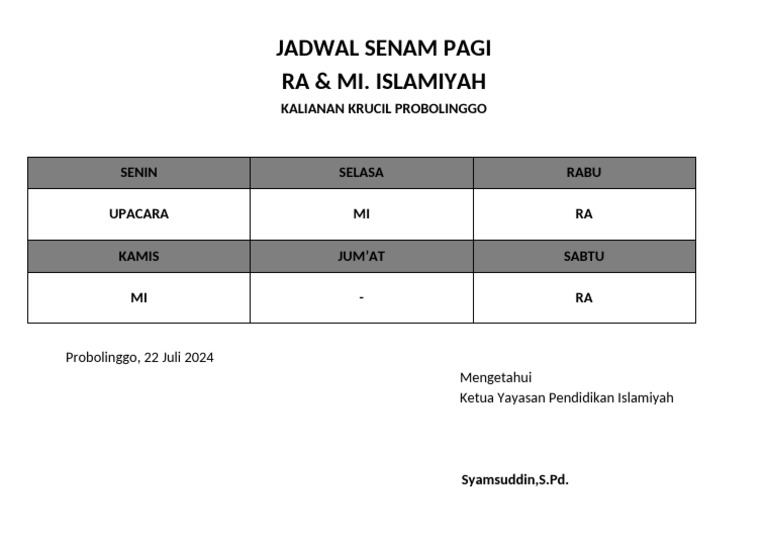 JADWAL SENAM PAGI | PDF