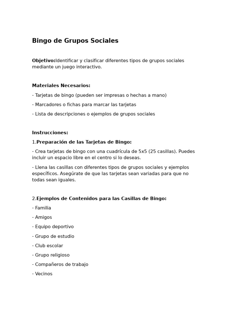Bingo Interactivo de Grupos Sociales | PDF | Grupo social