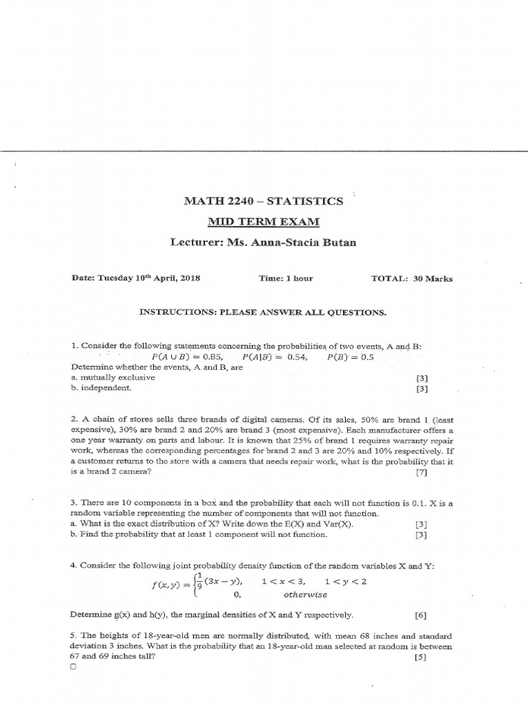 Math 2240 Midterm 2018 Mechanical.pdf | PDF | Probability Density Function | Measure Theory