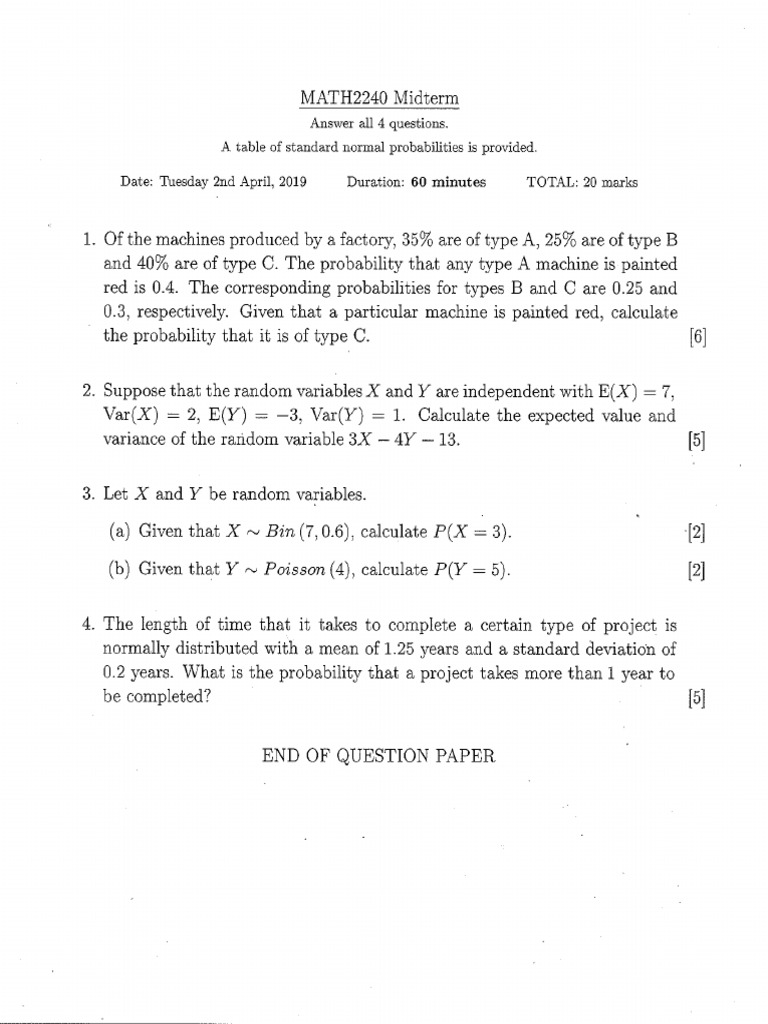 Math 2240 Midterm 2019 Civil PDF | PDF | Normal Distribution | Variance