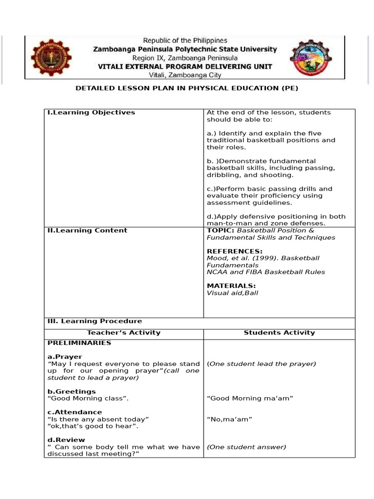 Basketball Positions and Skills Lesson Plan | PDF | Basketball ...