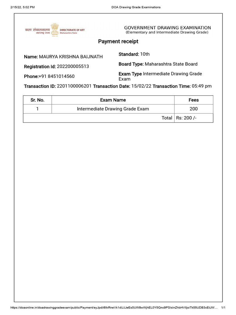DOA Drawing Exam Payment Receipt | PDF