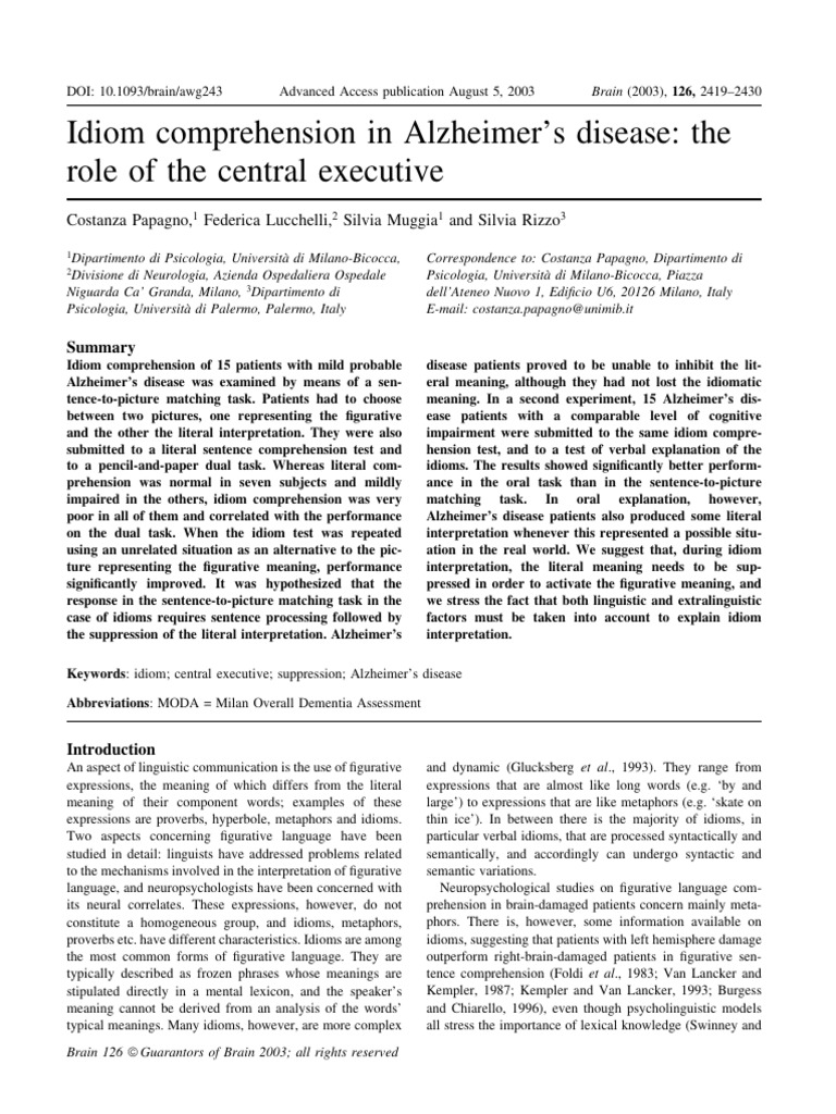 Idiom Comprehension in Alzheimer's Disease The Role of The Central ...