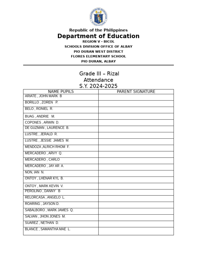 Grade III Attendance List 2024-2025 | PDF