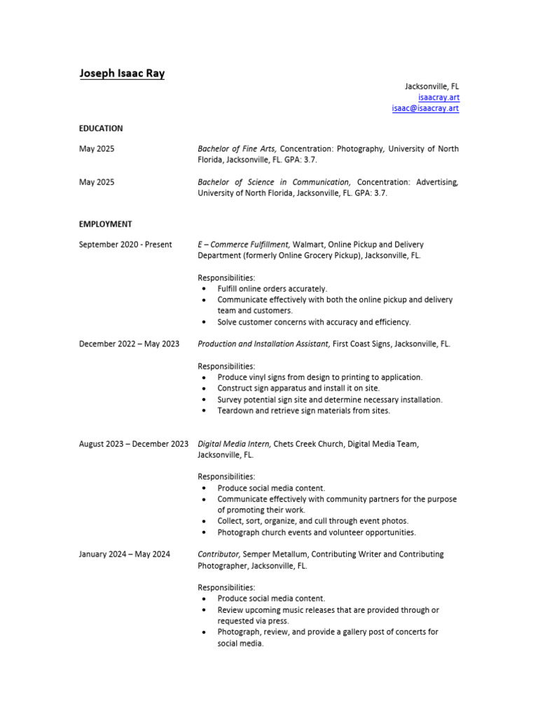 Joseph Ray: Photography & Media Resume | PDF | The Arts