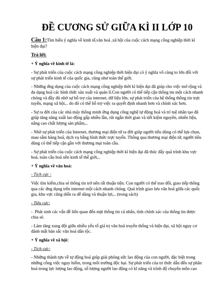 ĐỀ CƯƠNG SỬ GIỮA KÌ II LỚP 10 xong ùihề | PDF