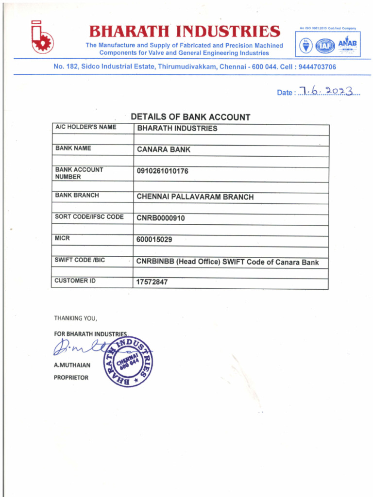 Bank Account Details for Bharath Industries | PDF