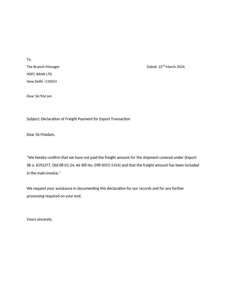 Letter For Declaration of Freight Payment For Export Transaction | PDF