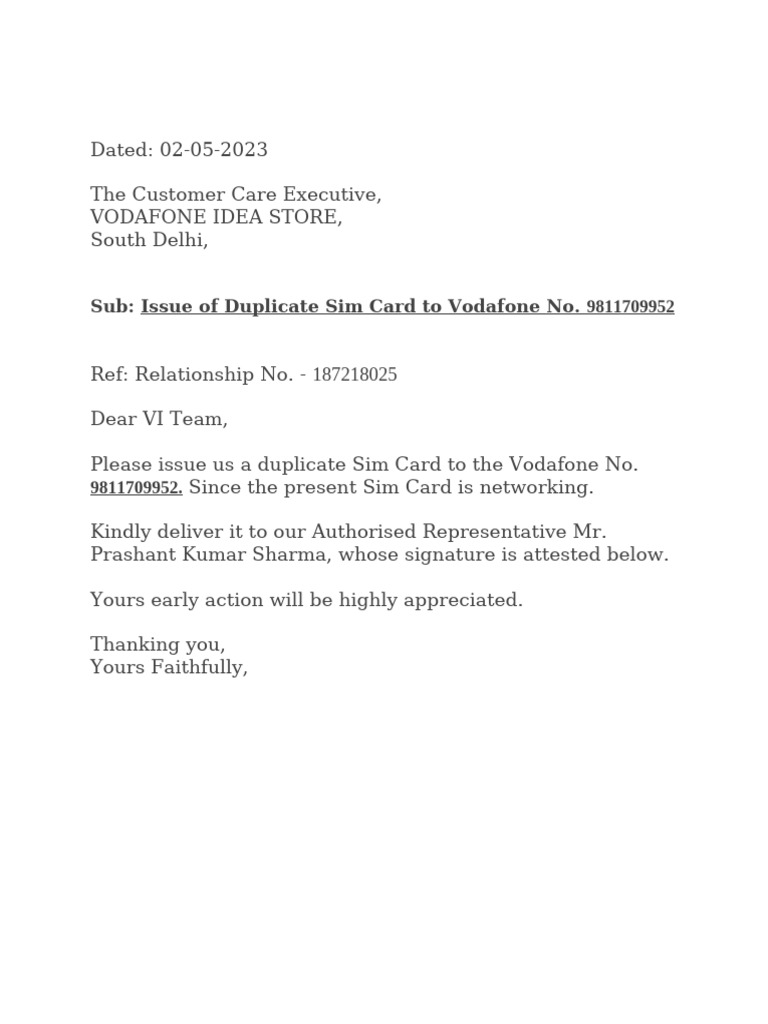 Request for Vodafone Duplicate SIM Card | PDF