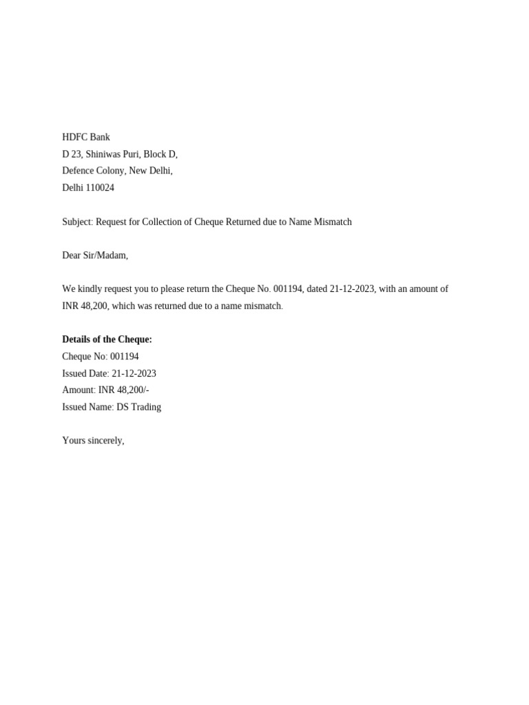 Letter For CHQ Collection HDFC Bank | PDF