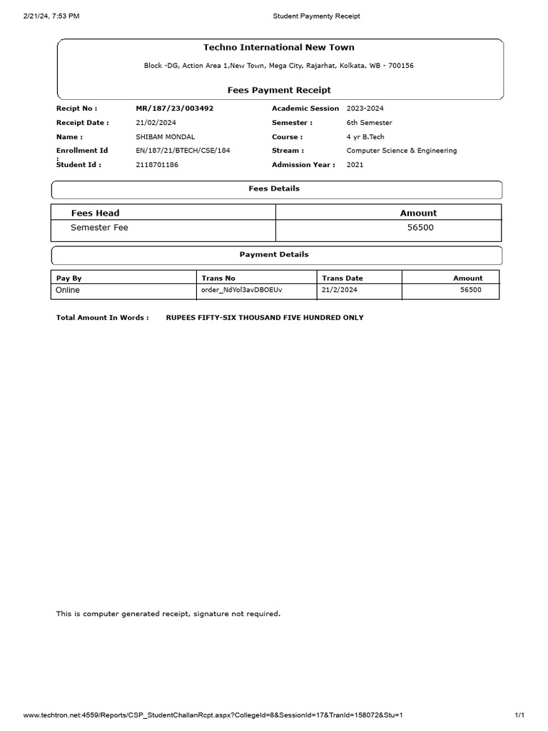 College Fee Receipt for 2024 | PDF