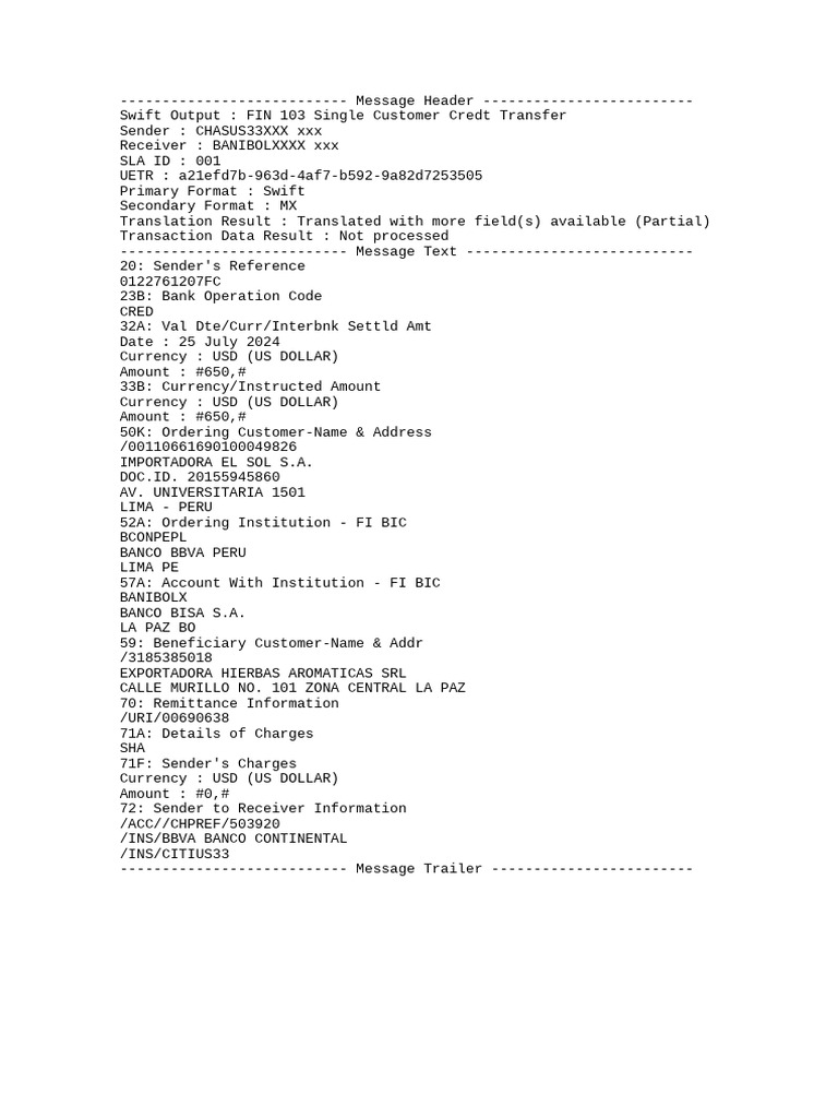 Mensaje ejemplo de Transferencia SWIFT (1) | PDF