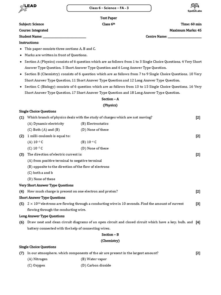 Class 6th - Science - FA - 3 - Question Paper | PDF | Atmosphere Of Earth | Atmosphere