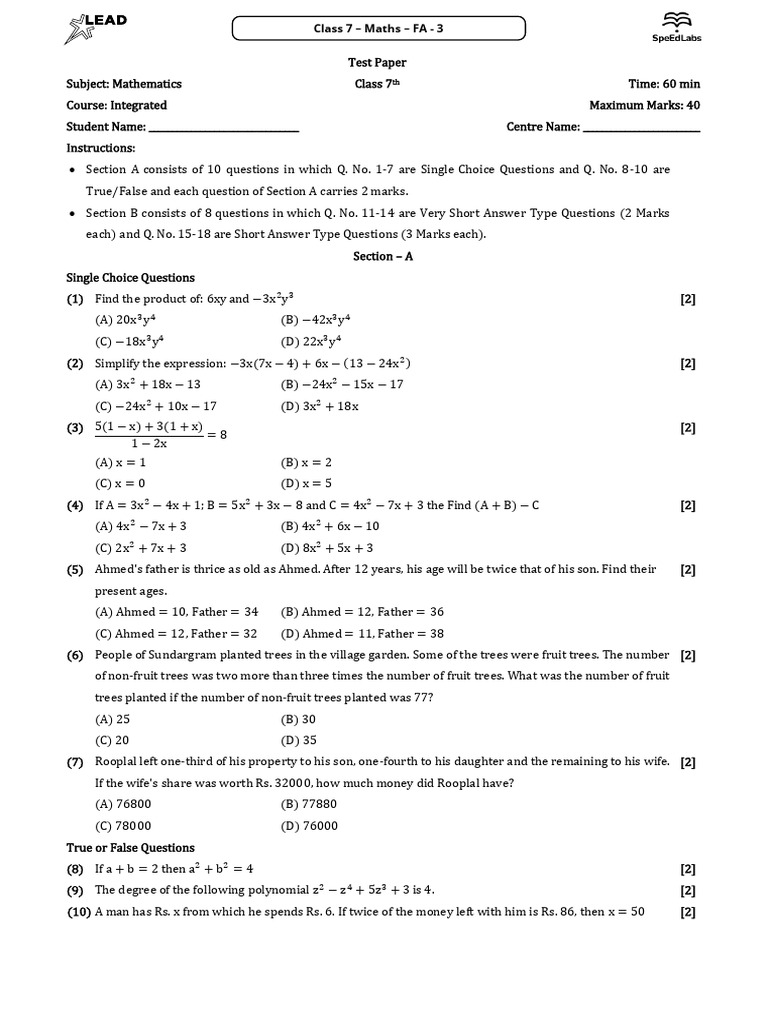 Class 7th - Maths - FA - 3 - Question Paper | PDF | Mathematics | Algebra