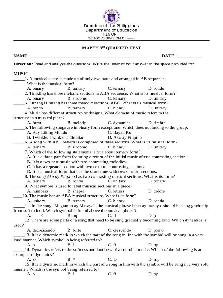 3rd Quarter MAPEH-2023 | PDF | Musical Forms