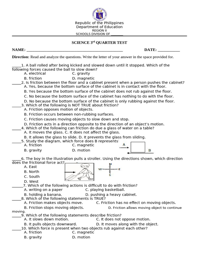 Science 3rd Quarter Test for Grade 3 | PDF | Friction | Machines