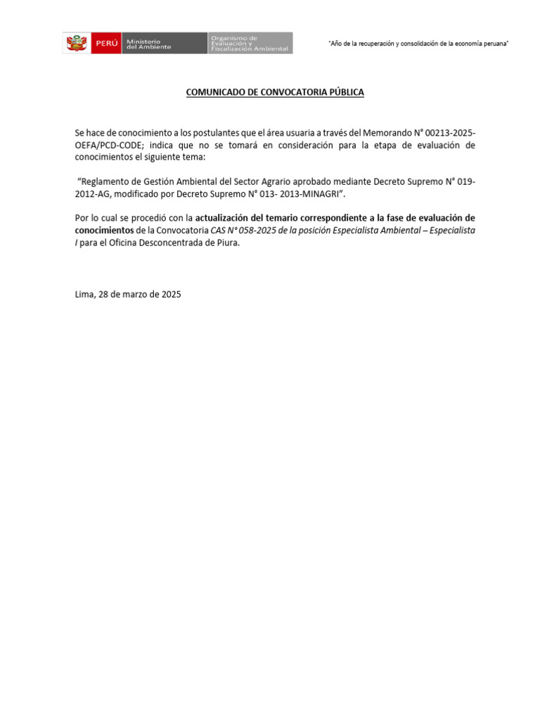 Comunicado CAS 058-2025 Actualizacion Temario | PDF