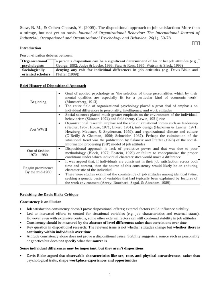 The Dispositional Approach To Job Satisfaction More Than A Mirage, But ...