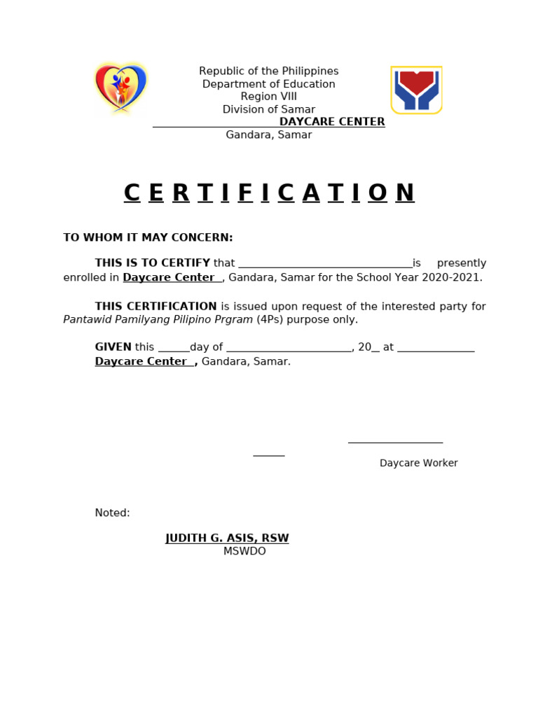 Daycare Certificate 4PS | PDF