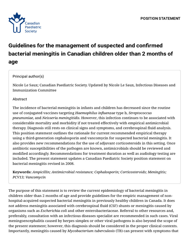 Guidelines for the management of suspected and confirmed bacterial meningitis in Canadian ...