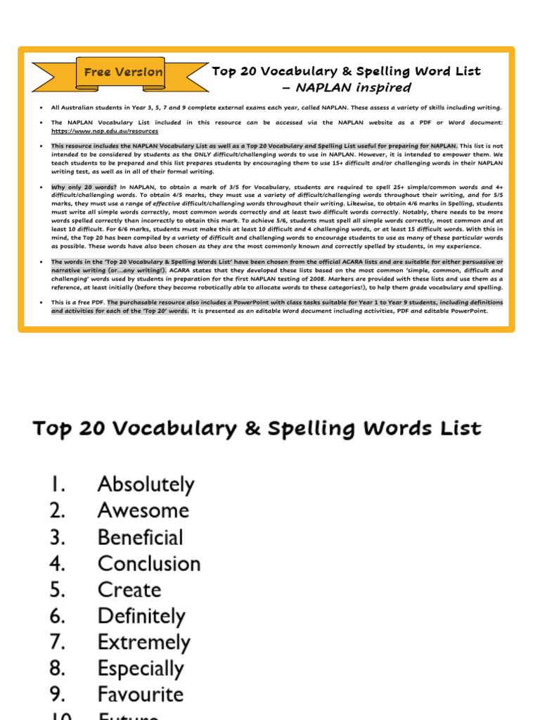 Free Version: Top 20 Vocabulary & Spelling Word List | PDF | Vocabulary